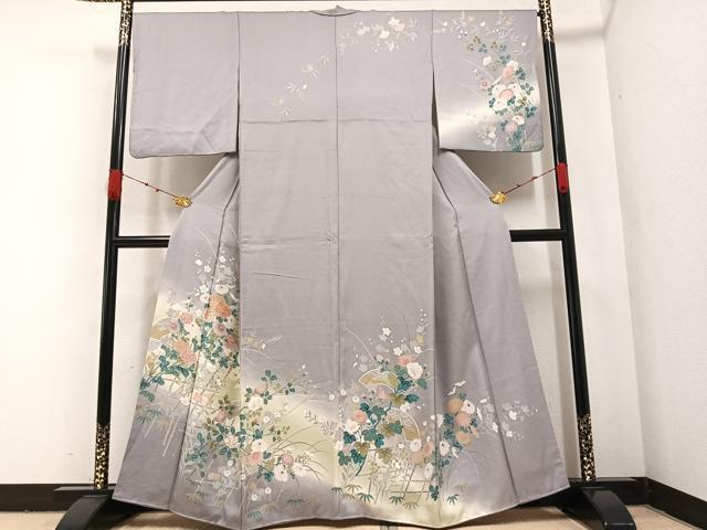 平和屋着物●訪問着　駒刺繍　地紙枝花文　暈し染め　金彩　正絹　逸品　AABA6426ph