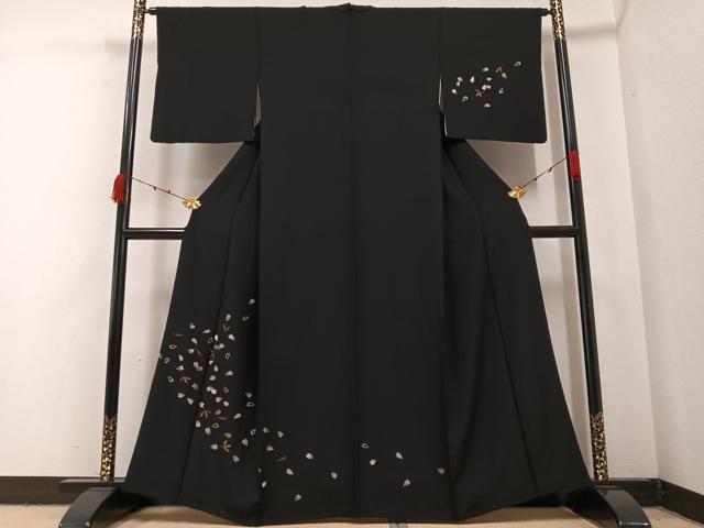 平和屋着物●訪問着　刺繍　夜桜　黒地　正絹　逸品　AABA6435ph