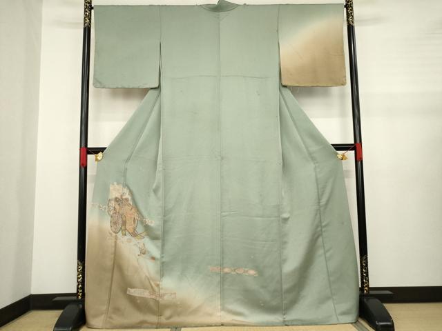 平和屋着物●訪問着　中国三大刺繍　汕頭刺繍　スワトウ刺繍　御所車文　暈し染め　金通し地　正絹　逸品　AABA6700ck