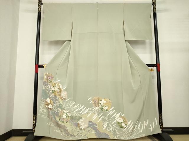 平和屋着物●訪問着　駒刺繍　流水飛鶴花丸文　金彩　正絹　逸品　AABA6712ck