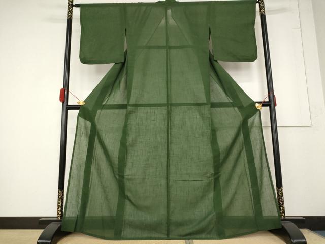 平和屋着物＊夏物　紗紬　色無地　千歳緑色　正絹　逸品　AABA6844st