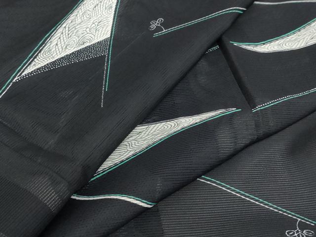 平和屋着物＊夏物　小紋　絽　幾何学文様　黒地　洗える着物　AABA6865st