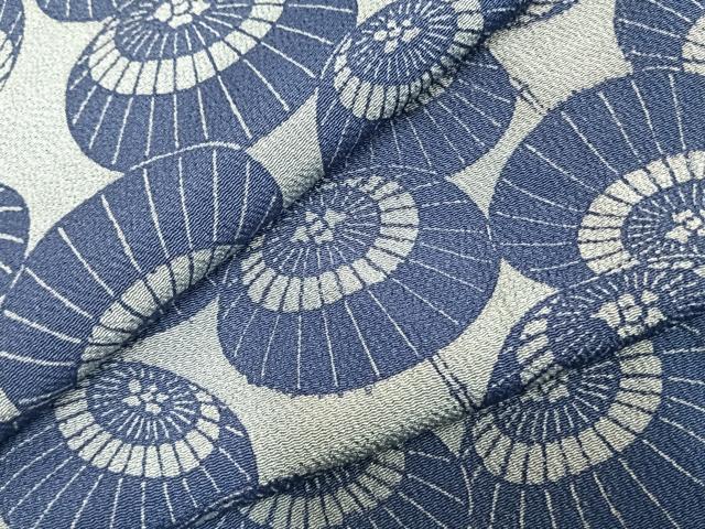 平和屋着物▽上質な小紋　単衣　藍　型染め　番傘　鬼しぼ縮緬　正絹　逸品　AABA7418fy