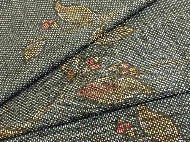 平和屋着物▽大島紬　単衣　7マルキ　草花文　反端付き　正絹　逸品　未使用　AABA7452fy