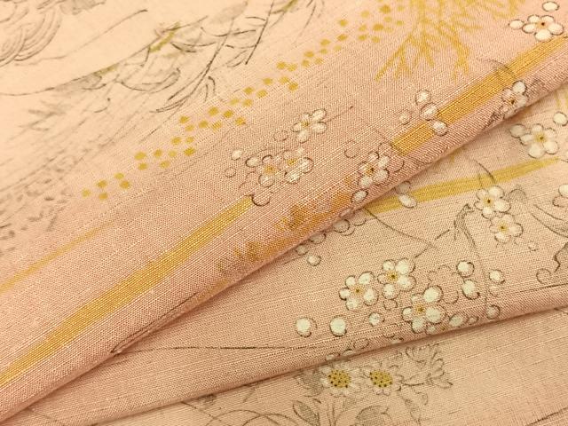 平和屋着物▽上質な紬　単衣　手描き　風景草花文　正絹　逸品　AABA7489fy