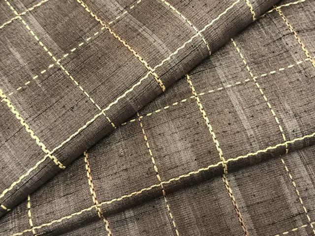 平和屋着物▽上質な紬　単衣　刺し子　格子　正絹　逸品　AABA7506fy