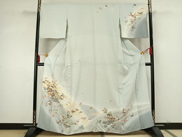 平和屋着物▽訪問着　単衣　風景草花文　暈し染め　金彩　正絹　逸品　AABA7529fy