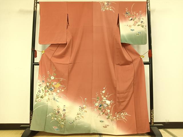 平和屋着物▽訪問着　単衣　地紙草花文　金彩　正絹　逸品　未使用　AABA7567fy