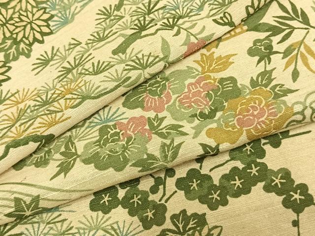 平和屋着物▽上質な紬　単衣　風景草花文　ロング丈　正絹　逸品　AABA7716fy