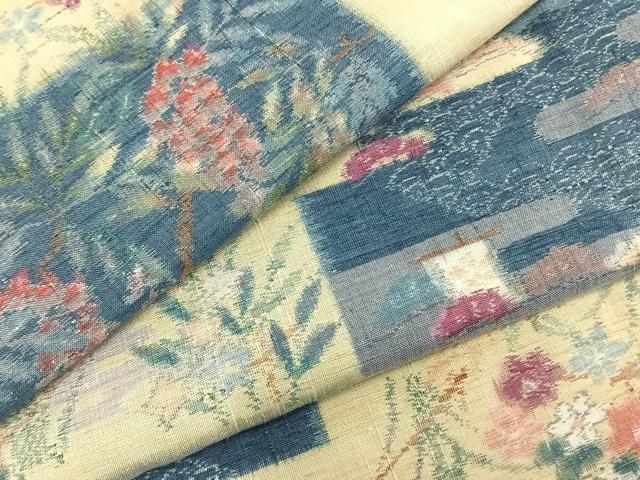 平和屋着物▽上質な紬　単衣　草花文　正絹　逸品　未使用　AABA7731fy