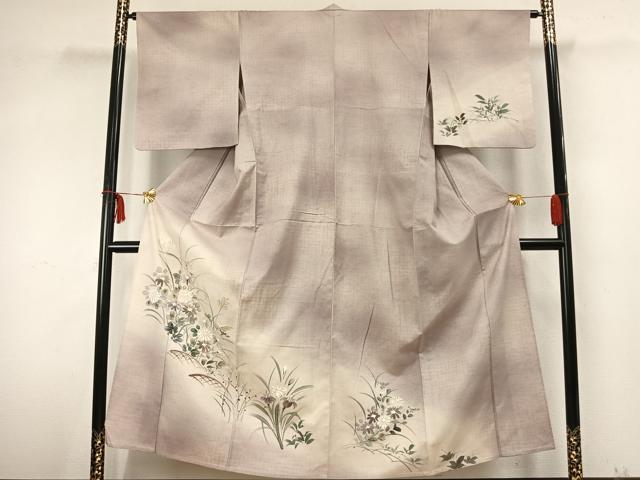 平和屋着物▽訪問着　単衣　紬地　手描き　草花文　金彩　正絹　逸品　AABA7790fy