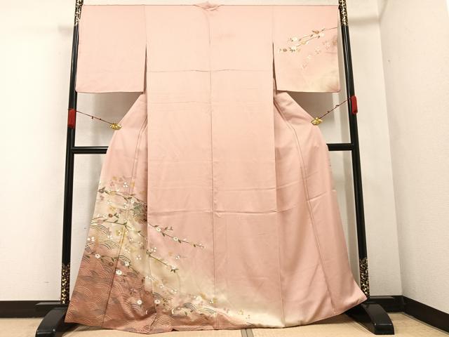 平和屋着物●訪問着　中国三大刺繍　汕頭刺繍　スワトウ刺繍　立波枝花文　暈し染め　金彩　正絹　逸品　AABA7819ph