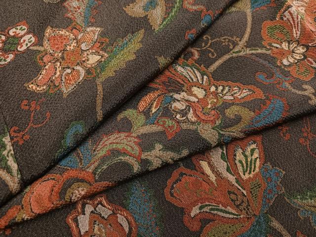 平和屋着物●上質な小紋　更紗唐草文　鬼しぼ縮緬　正絹　逸品　AABA7840ph