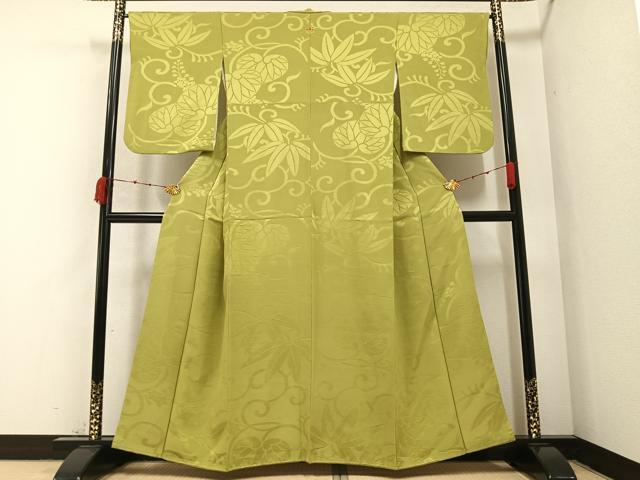 平和屋着物●上質な色無地　花唐草地紋　抹茶色　正絹　逸品　AABA7855ph