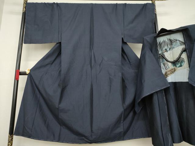 平和屋着物●男性　紬　アンサンブル　色無地　青褐色　正絹　逸品　AABA7972ck