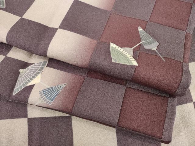 平和屋着物●上質な小紋　市松間道　番傘　暈し染め　正絹　逸品　AABA7979ck