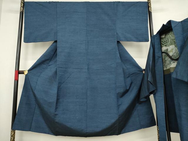 平和屋着物●男性　紬　アンサンブル　色無地　藍鉄色　正絹　逸品　AABA7989ck