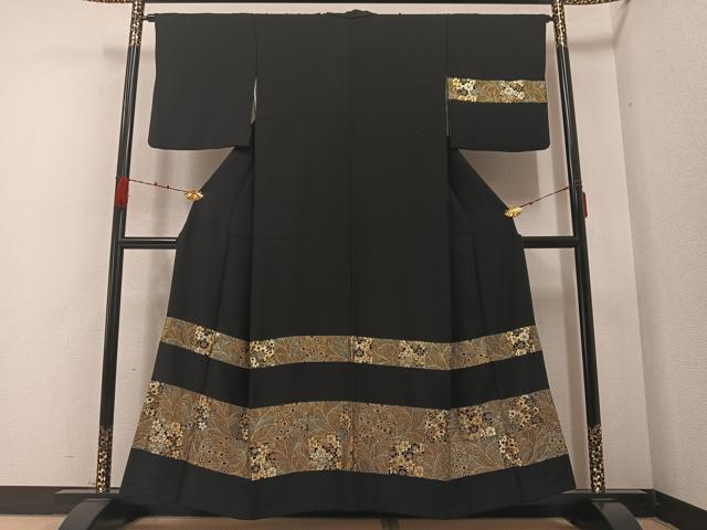 平和屋着物●訪問着　草花文　黒地　金彩　正絹　逸品　AABA8226ph