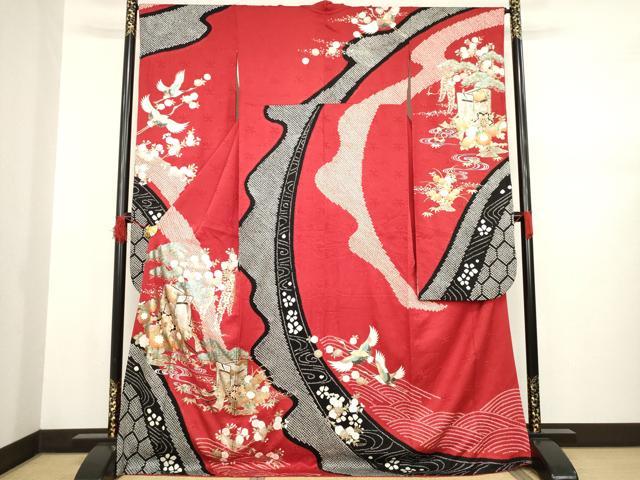 平和屋着物●豪華振袖　御所車飛鶴花文　金銀彩　ロング丈　正絹　逸品　AABA8258ck