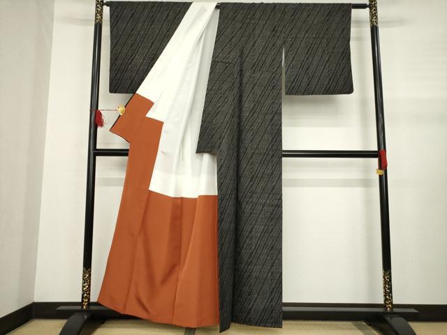 平和屋着物○上質な紬 斜縞 黒地 正絹 逸品 AABA8272ck