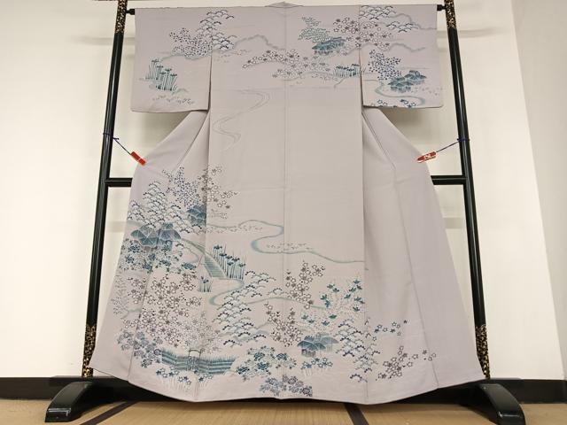 平和屋着物●訪問着　友禅　藍　松竹梅風景文　正絹　逸品　AABA8761zg