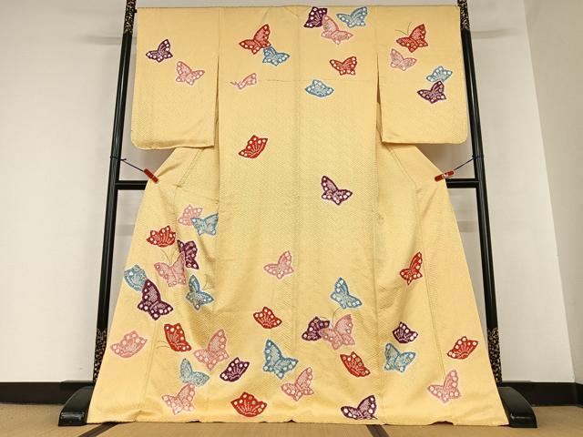 平和屋着物●訪問着　駒刺繍　絞り　舞蝶文　金彩　ロング丈　正絹　逸品　AABA8799zg