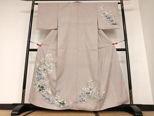 平和屋着物●訪問着　友禅　紬地　草花文　暈し染め　正絹　逸品　AABA8805zg