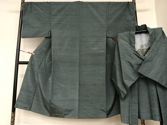 平和屋着物●男性　紬　アンサンブル　色無地　藍墨茶色　正絹　逸品　AABA8819zg