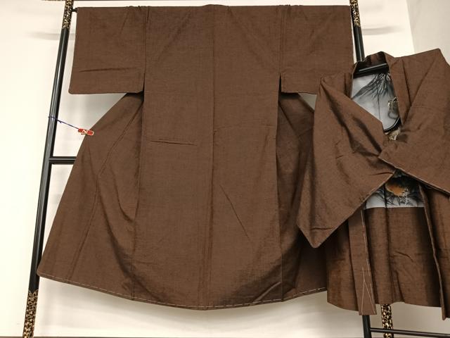 平和屋着物●男性　紬　アンサンブル　色無地　鉄黒色　正絹　逸品　未使用　AABA8826zg