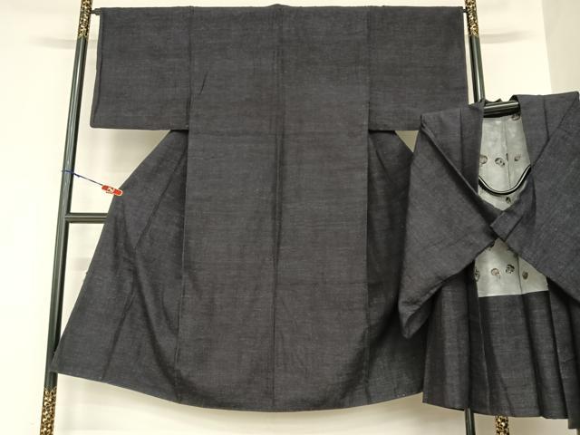 平和屋着物●男性　結城ちぢみ　アンサンブル　杢無地　漆黒色　正絹　逸品　AABA8829zg