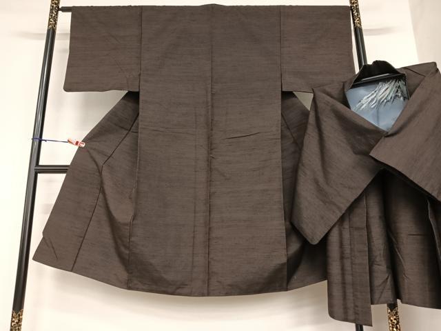 平和屋着物●男性　紬　アンサンブル　色無地　黒鳶色　正絹　逸品　AABA8832zg