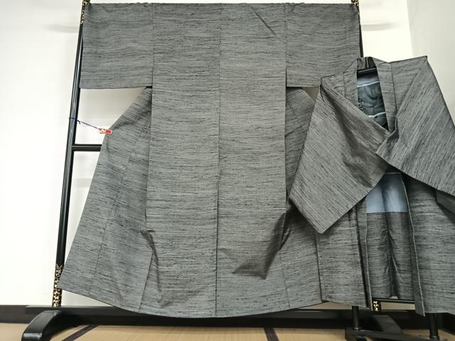 平和屋着物●男性　紬　アンサンブル　色無地　黒橡色　正絹　逸品　AABA8836zg