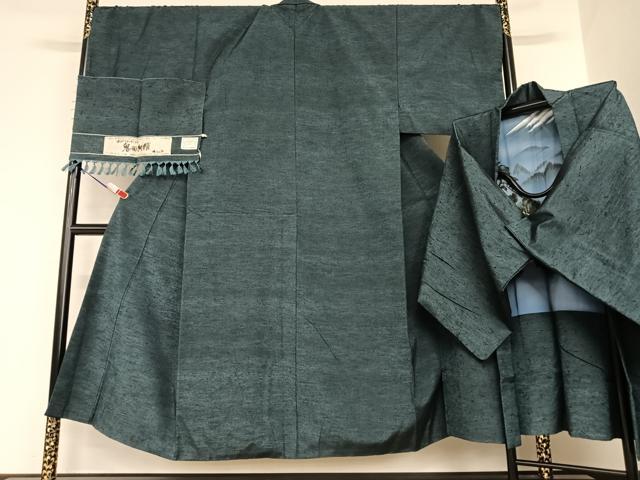 平和屋着物●男性　紬　アンサンブル　色無地　留紺色　鬼面網織　反端付き　正絹　逸品　AABA8838zg