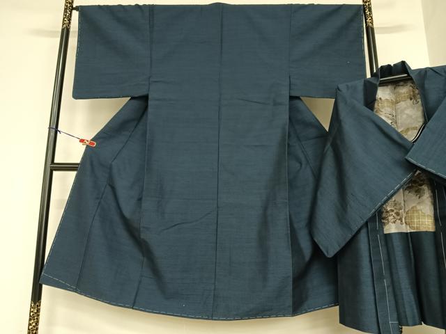 平和屋着物●男性　紬　アンサンブル　色無地　濃藍色　正絹　逸品　AABA8842zg