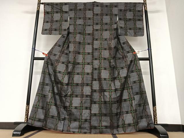 平和屋着物●本場大島紬　一元絣　幾何学花文　正絹　逸品　AABA8850zg