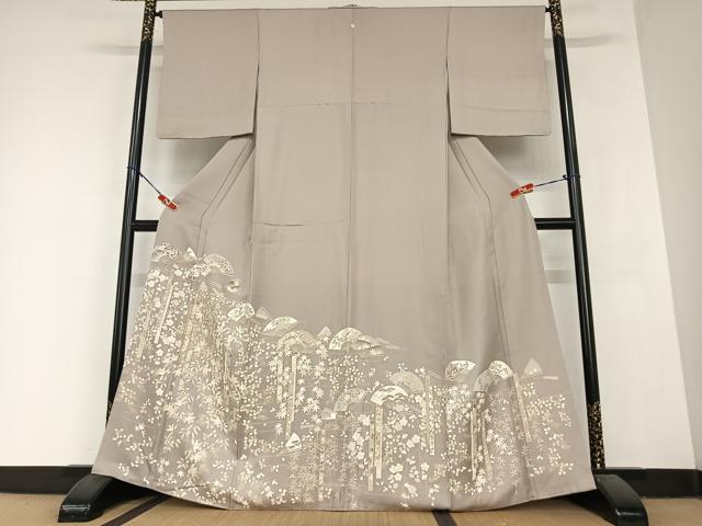 平和屋着物●豪華色留袖　駒刺繍　舞扇花文　金彩　正絹　逸品　AABA8857zg