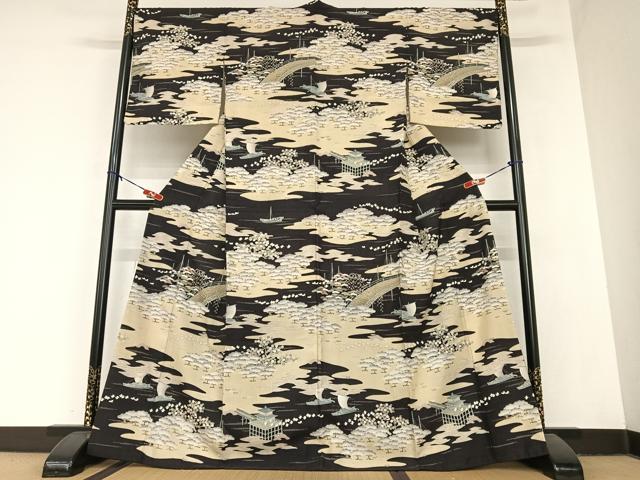 平和屋着物●染織の名門　しょうざん  生紬　松竹梅飛鳥文　黒地　正絹　逸品　AABA8864zg