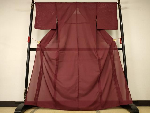 平和屋着物＊夏物　色無地　絽　葡萄茶色　洗える着物　AABA9289jd