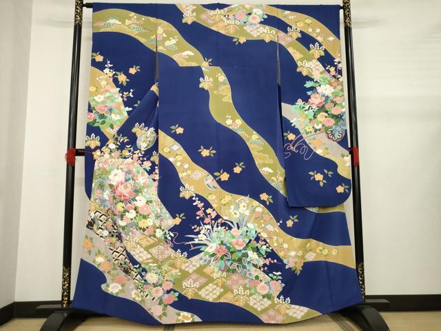 平和屋着物●十日町友禅作家　村松竜介　振袖　花車文　金彩　正絹　逸品　AABA9454ck