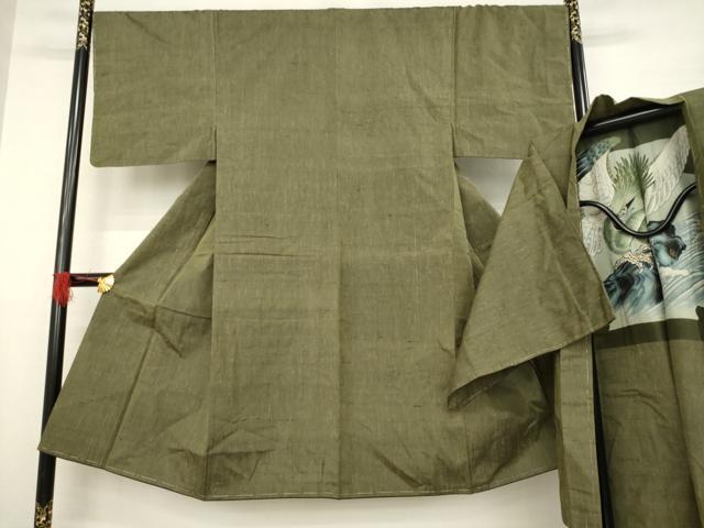 平和屋着物●男性　紬　アンサンブル　色無地　海松色　金彩　正絹　逸品　AABA9474ck