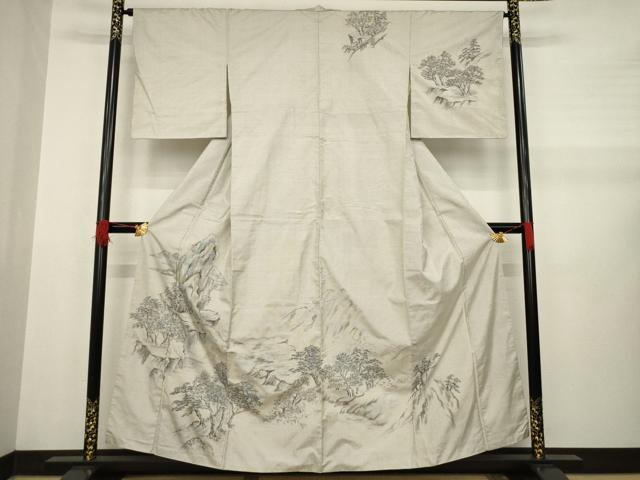 平和屋着物●本場大島紬　訪問着　手描き　白大島　100亀甲　総詰め　風景文　正絹　逸品　AABA9476ck