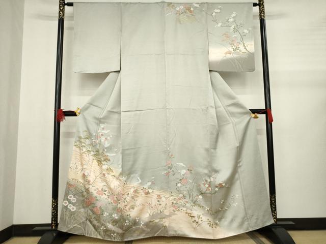 平和屋着物●訪問着　飛鶴風景花文　暈し染め　金彩　正絹　逸品　AABA9508ck