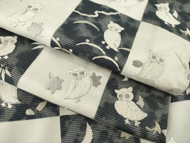 平和屋着物●本場染大島紬　小紋　総刺繍　ミミズク　みみずく　正絹　逸品　AABA9516ck