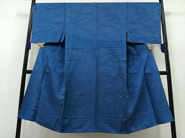 平和屋着物▽男性　色紋付　単衣　流水地紋　瑠璃色　正絹　逸品　AABA9547jh