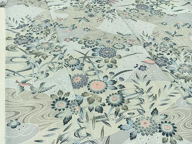 平和屋着物▽上質な小紋　単衣　更紗花鳥文　鬼しぼ縮緬　正絹　逸品　AABA9576jh 平和屋着物▽上質な小紋 単衣 更紗花鳥文 鬼しぼ縮緬 正絹