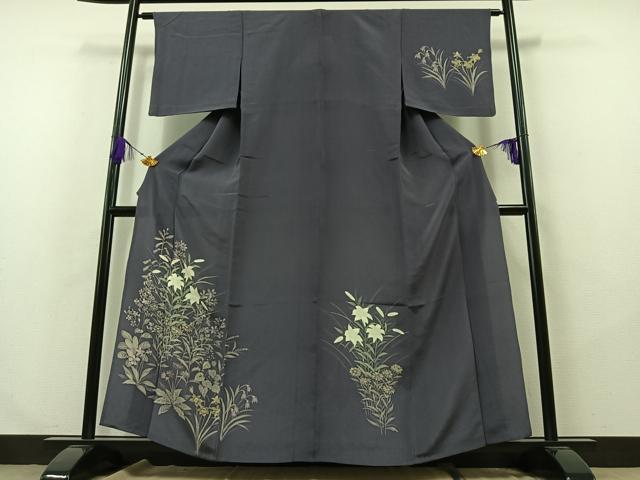 平和屋着物▽訪問着　単衣　手描き　草花文　鬼しぼ縮緬　正絹　逸品　AABA9578jh