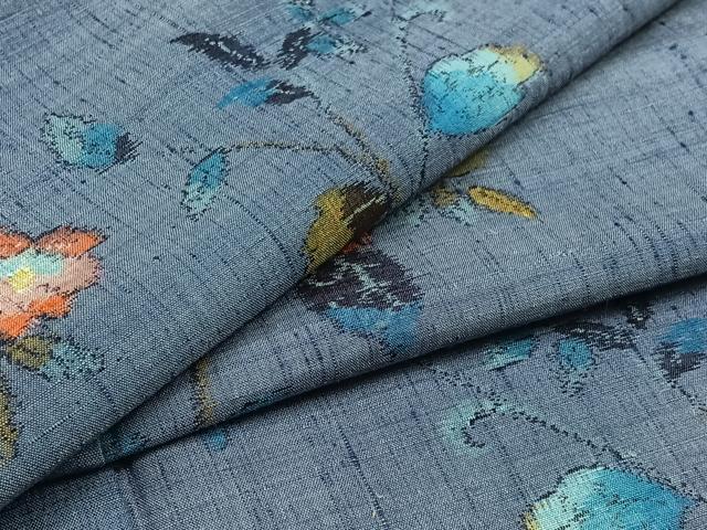 平和屋着物▽上質な紬　単衣　草花文　正絹　逸品　AABA9594jh