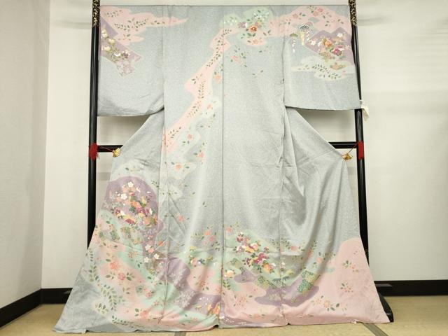 平和屋着物●訪問着　流水花文　金彩　丹後ちりめん　仮絵羽　正絹　逸品　未使用　AABA9766ck