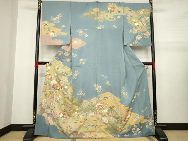 平和屋着物●訪問着　作家物　駒刺繍　松皮菱草花文　金彩　正絹　逸品　AABA9784ck