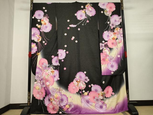 平和屋着物●豪華振袖　舞花丸文　暈し染め　黒地　金通し地　正絹　逸品　AABA9796ck